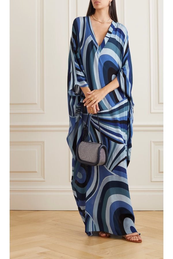 Blue Printed Long Kaftan – Navvi.in