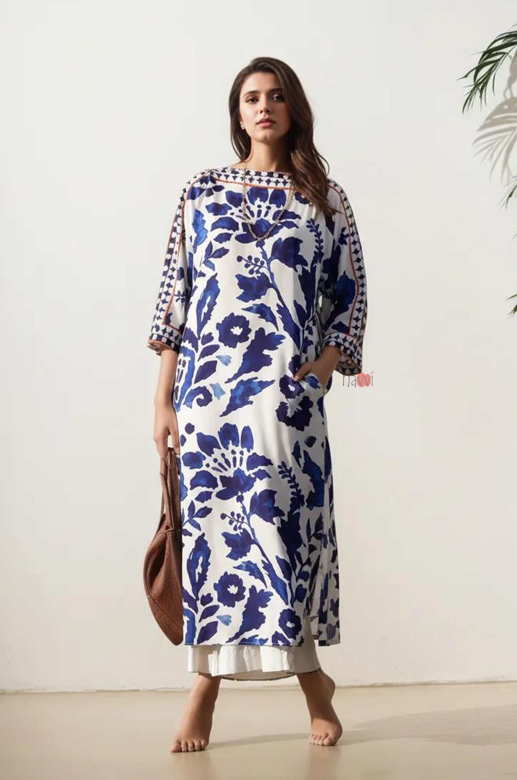 Indigo Floral Print Straight Kurta Dress – Navvi.in